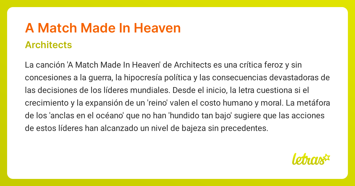Significado de la canción A MATCH MADE IN HEAVEN (Architects) - LETRAS.COM