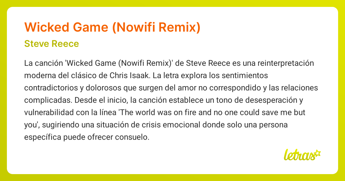 Significado de la canción WICKED GAME (NOWIFI REMIX) (Steve Reece ...