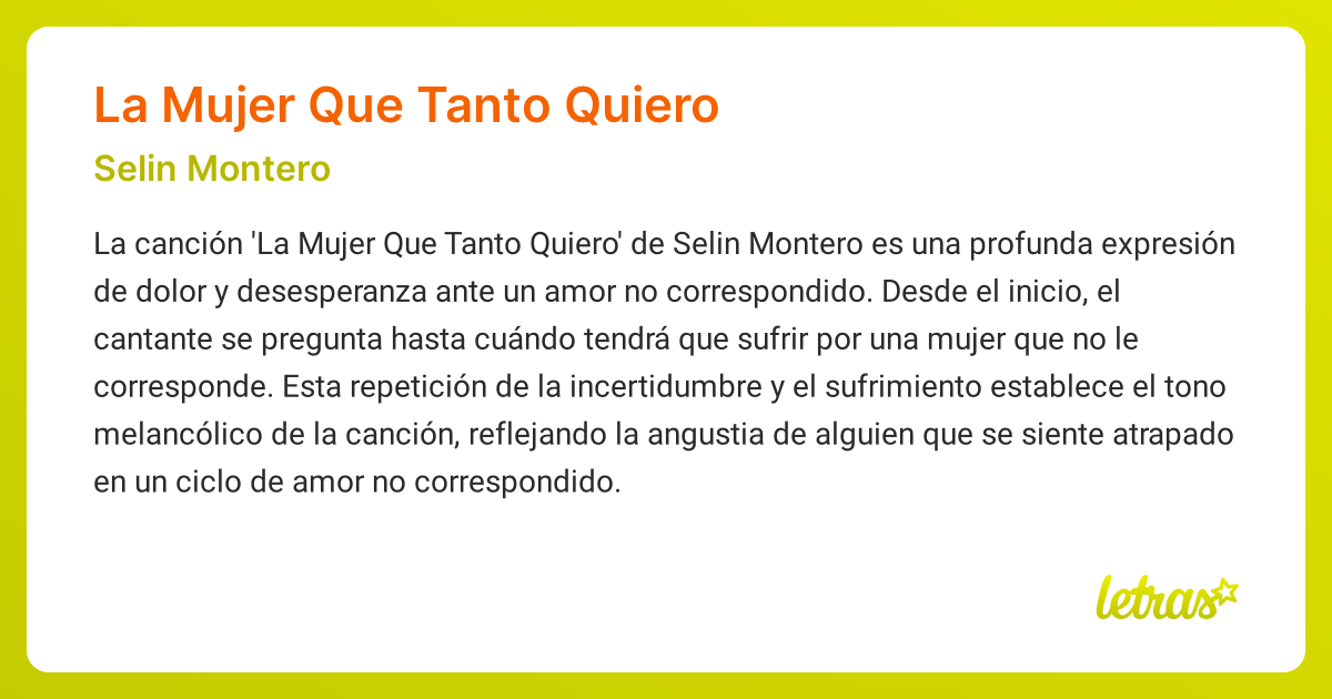 Significado de la canción LA MUJER QUE TANTO QUIERO (Selin Montero ...
