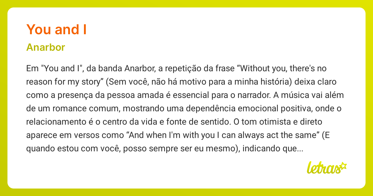 Significado da música YOU AND I (Anarbor) - LETRAS.MUS.BR