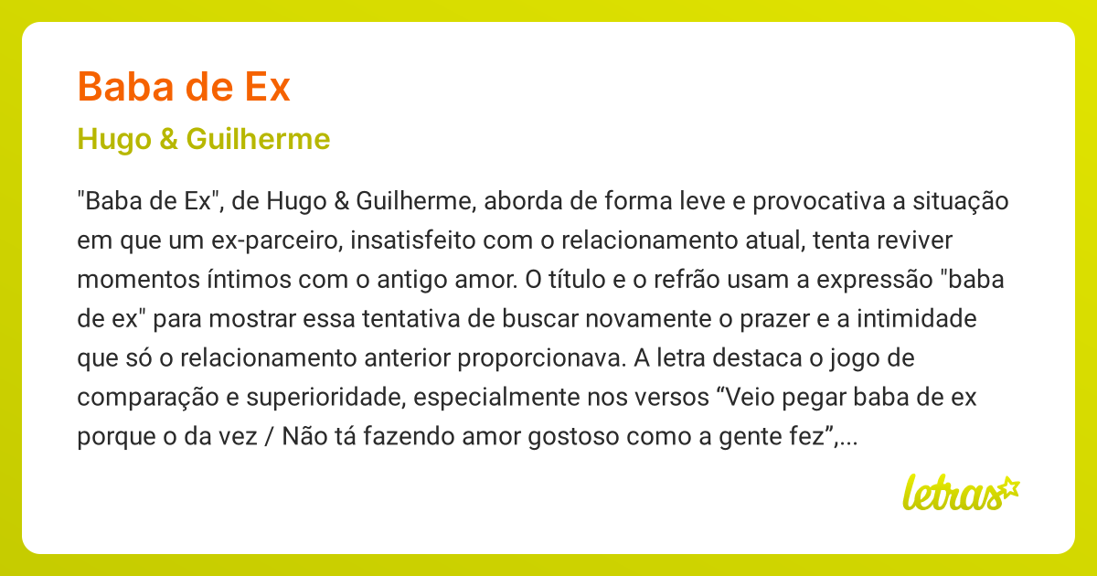 Significado da música BABA DE EX (Hugo & Guilherme) - LETRAS.MUS.BR