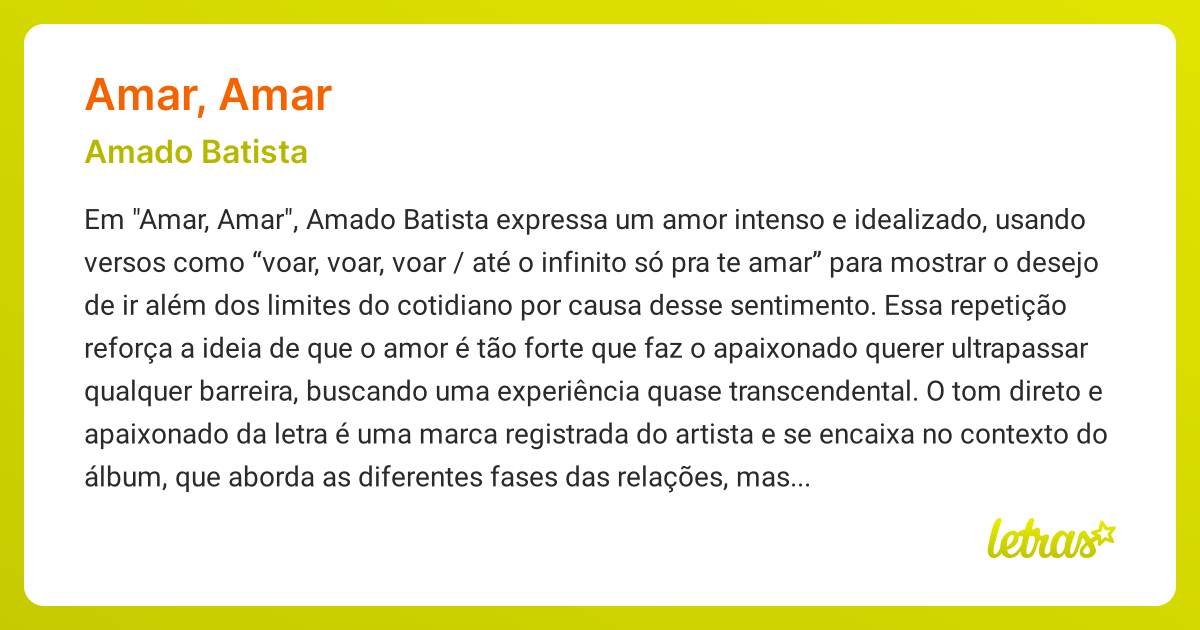 Significado da música AMAR, AMAR (Amado Batista) - LETRAS.MUS.BR