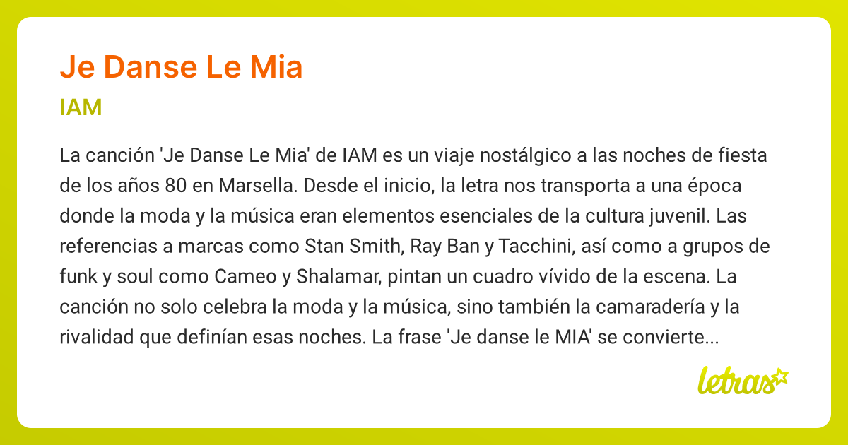 Significado de la canción JE DANSE LE MIA (IAM) - LETRAS.COM