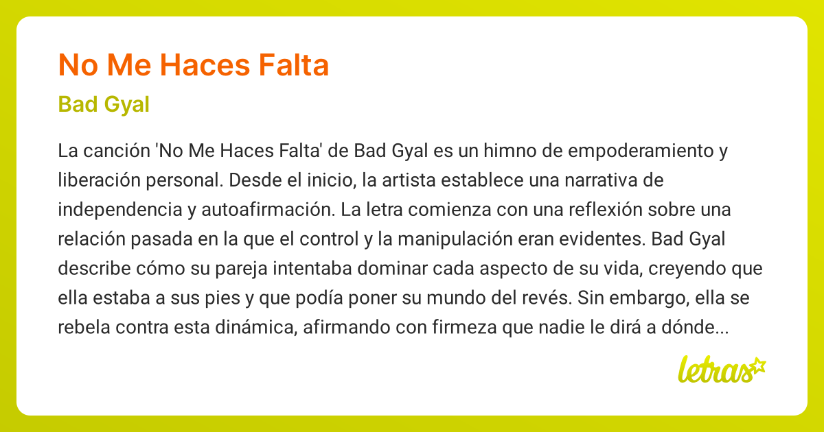 Significado de la canción NO ME HACES FALTA (Bad Gyal) - LETRAS.COM