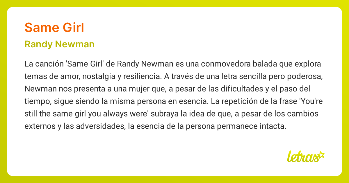 Significado de la canción SAME GIRL (Randy Newman) - LETRAS.COM