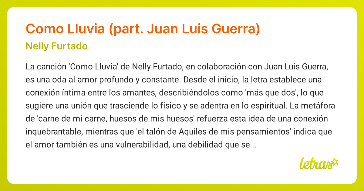 Significado de la canción Como Lluvia (part. Juan Luis Guerra) (Nelly ...