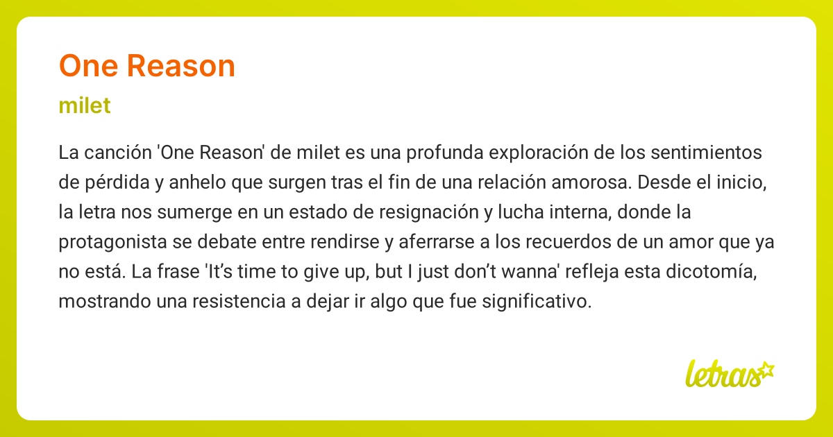 Significado de la canción ONE REASON (milet) - LETRAS.COM