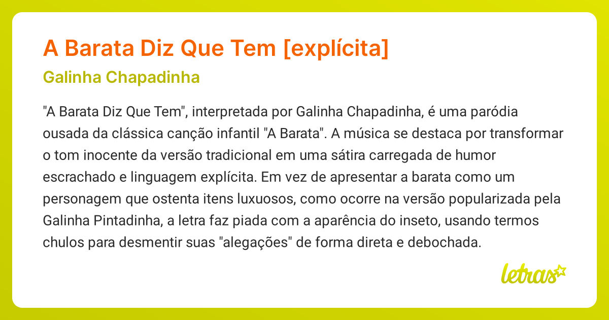 Significado da música A BARATA DIZ QUE TEM (Galinha Chapadinha ...