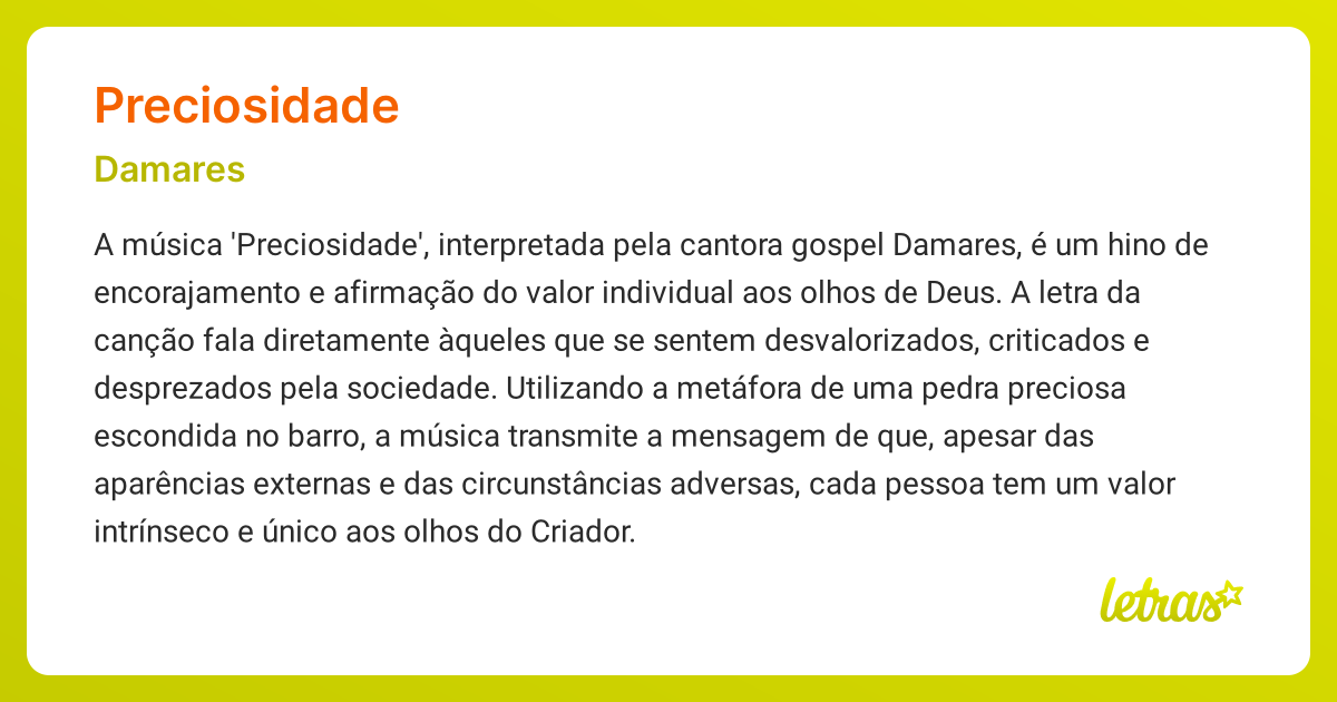 Significado da música PRECIOSIDADE (Damares) - LETRAS.MUS.BR