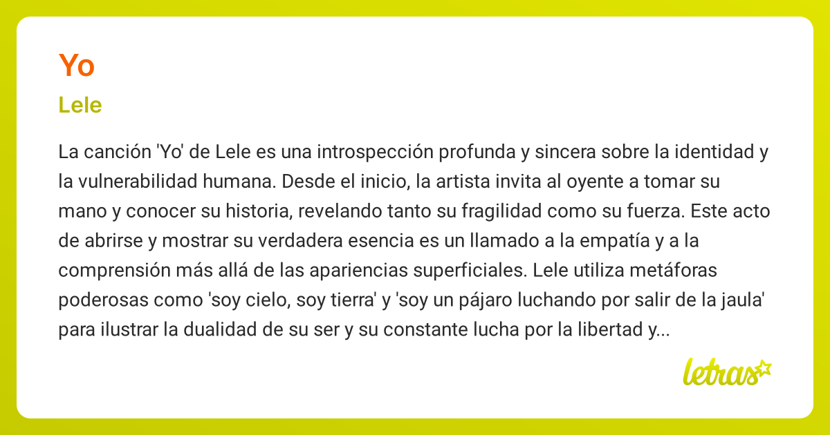 Significado de la canción YO (Lele) - LETRAS.COM