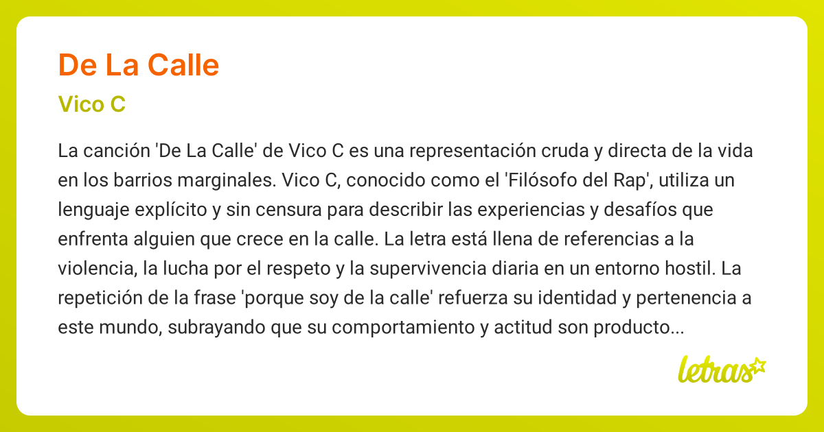 Significado de la canción DE LA CALLE (Vico C) - LETRAS.COM