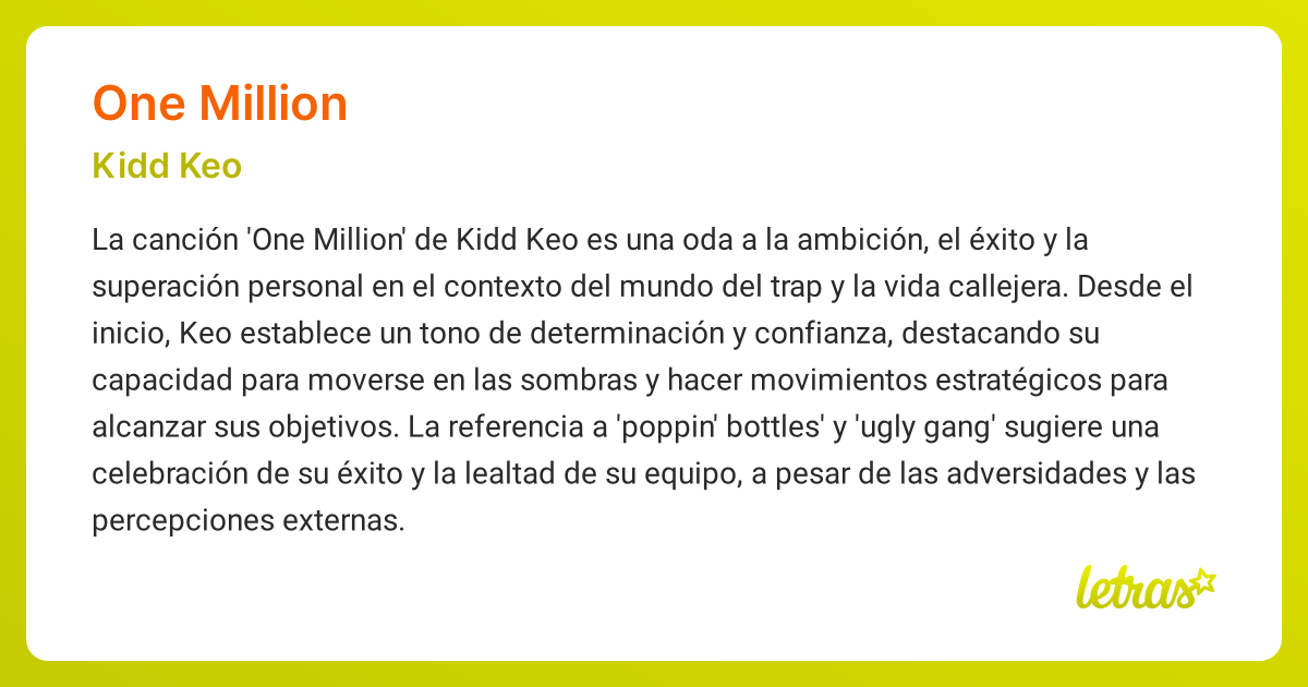 Significado de la canción ONE MILLION (Kidd Keo) - LETRAS.COM