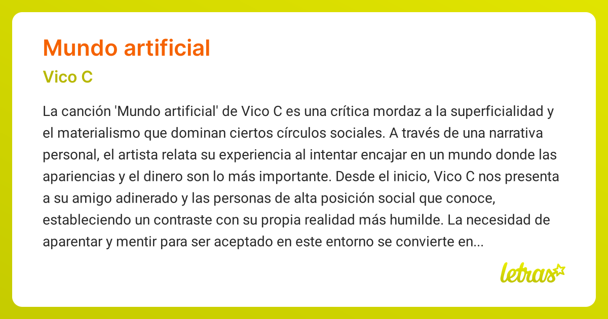 Significado de la canción MUNDO ARTIFICIAL (Vico C) - LETRAS.COM