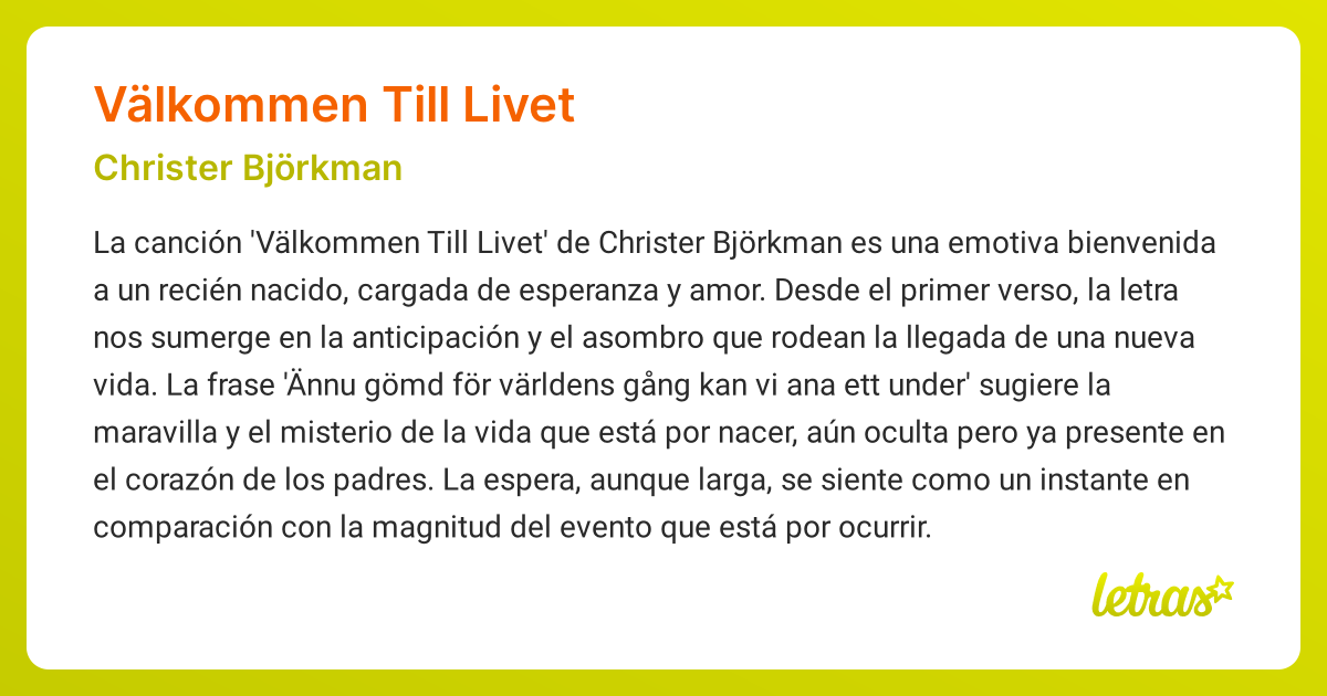 Significado de la canción VÄLKOMMEN TILL LIVET (Christer Björkman ...