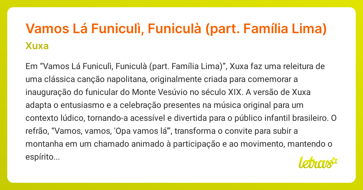 Significado da música Vamos Lá Funiculì, Funiculà (part. Família Lima ...