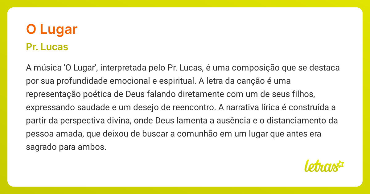 Significado da música O LUGAR (Pr. Lucas) - LETRAS.MUS.BR