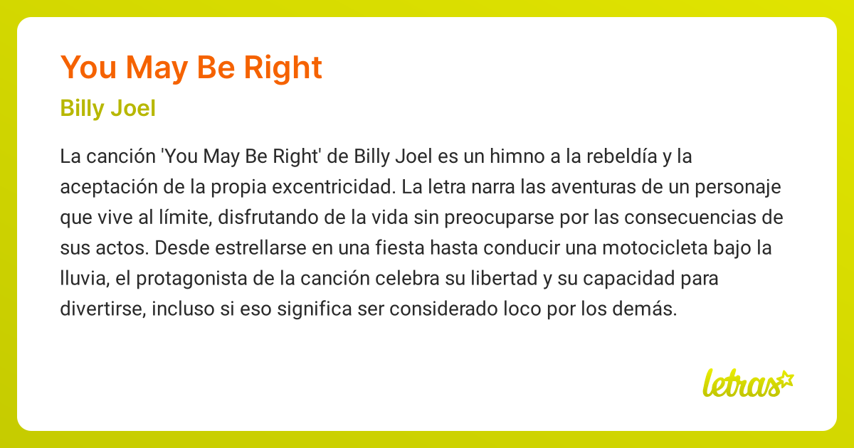 Significado de la canción YOU MAY BE RIGHT (Billy Joel) - LETRAS.COM