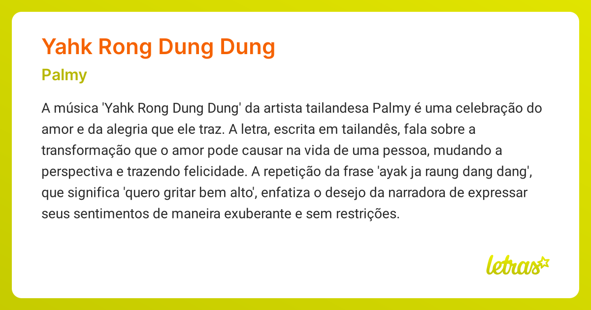 Significado da música YAHK RONG DUNG DUNG (Palmy) - LETRAS.MUS.BR