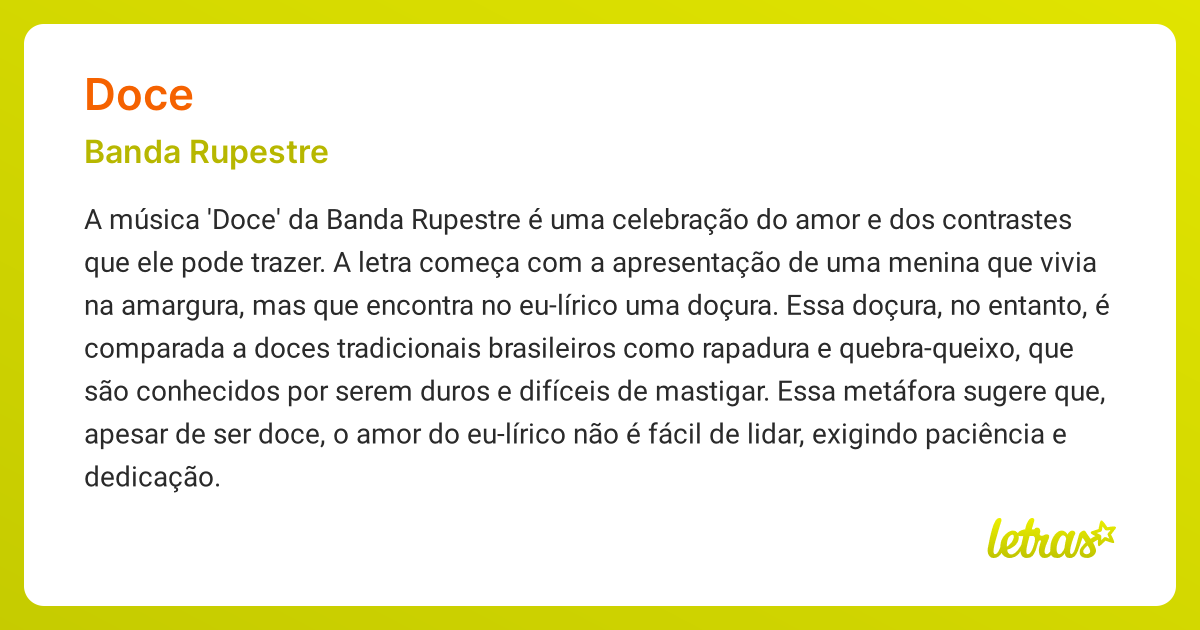 Significado da música DOCE (Banda Rupestre) - LETRAS.MUS.BR
