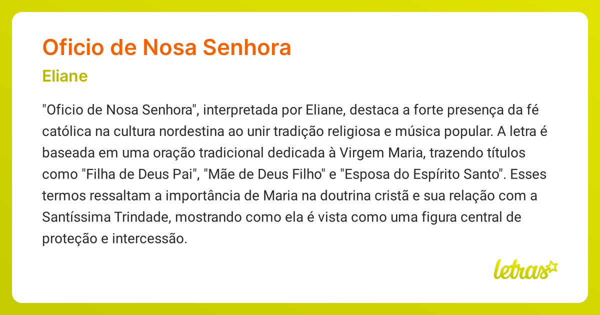 Significado da música OFICIO DE NOSA SENHORA (Eliane) - LETRAS.MUS.BR
