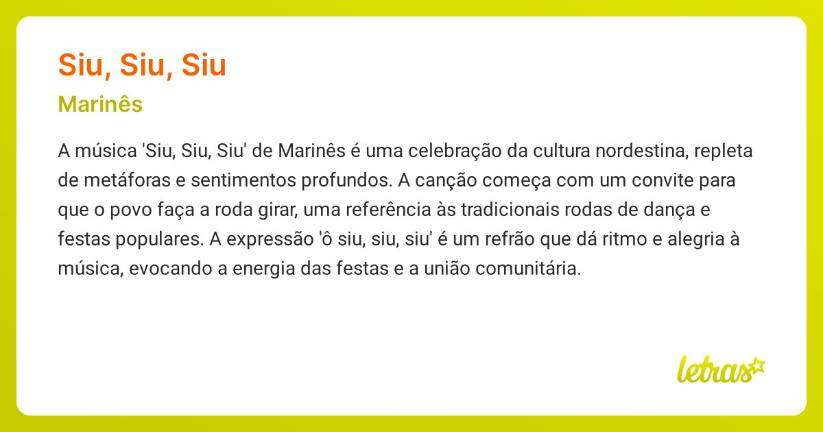 Significado da música SIU, SIU, SIU (Marinês) - LETRAS.MUS.BR