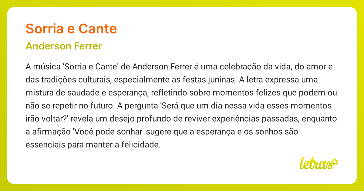 Significado da música SORRIA E CANTE (Anderson Ferrer) - LETRAS.MUS.BR