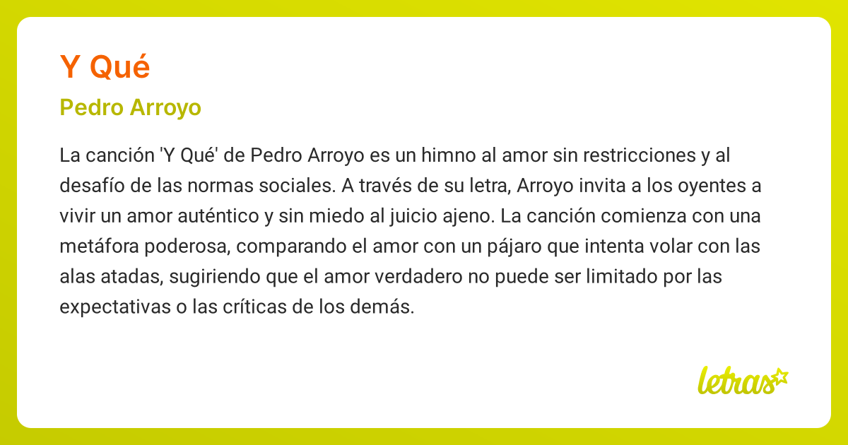 Significado de la canción Y QUÉ (Pedro Arroyo) - LETRAS.COM