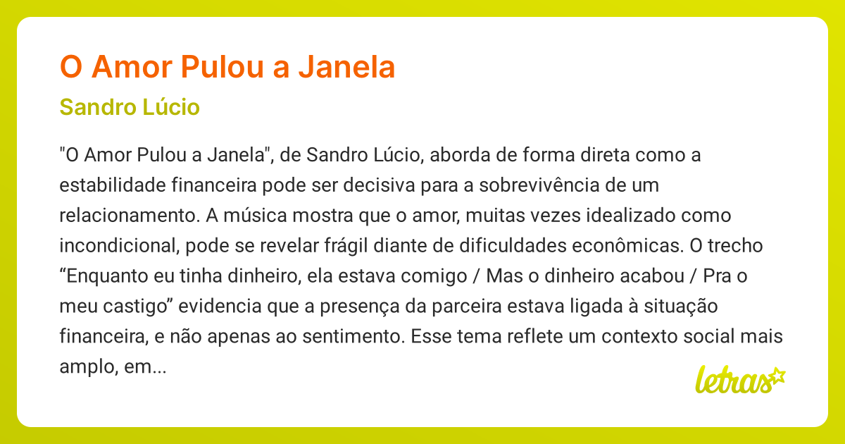 Significado da música O AMOR PULOU A JANELA (Sandro Lúcio) - LETRAS.MUS.BR
