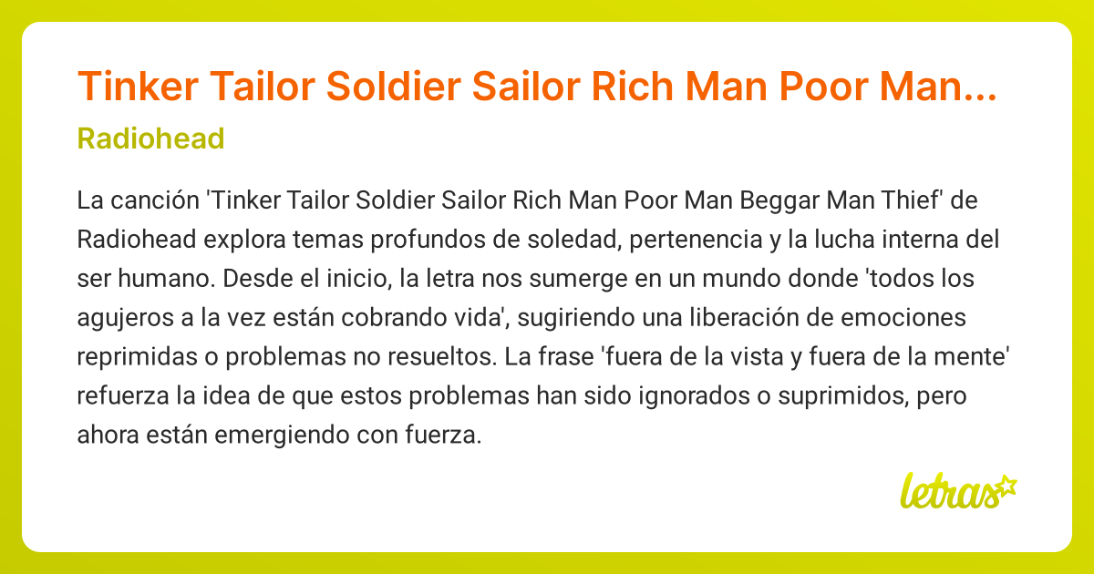 Significado de la canción Tinker Tailor Soldier Sailor Rich Man Poor ...