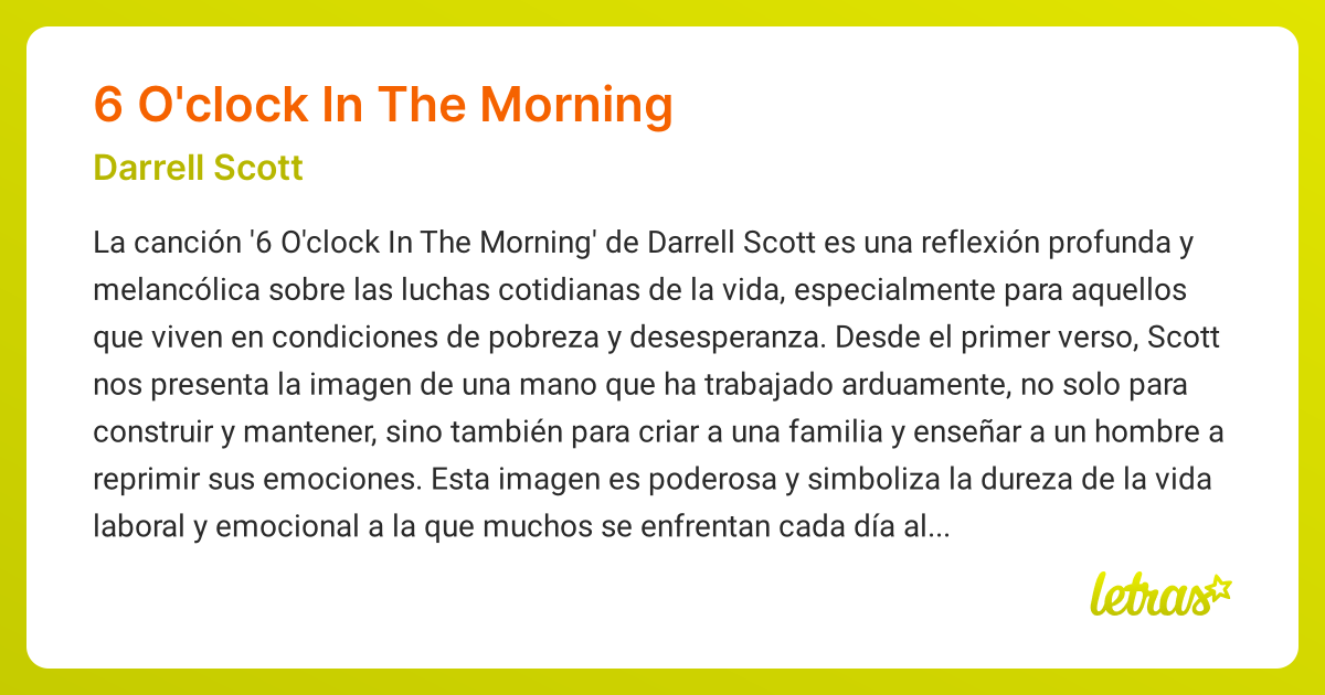 Significado de la canción 6 O'CLOCK IN THE MORNING (Darrell Scott ...