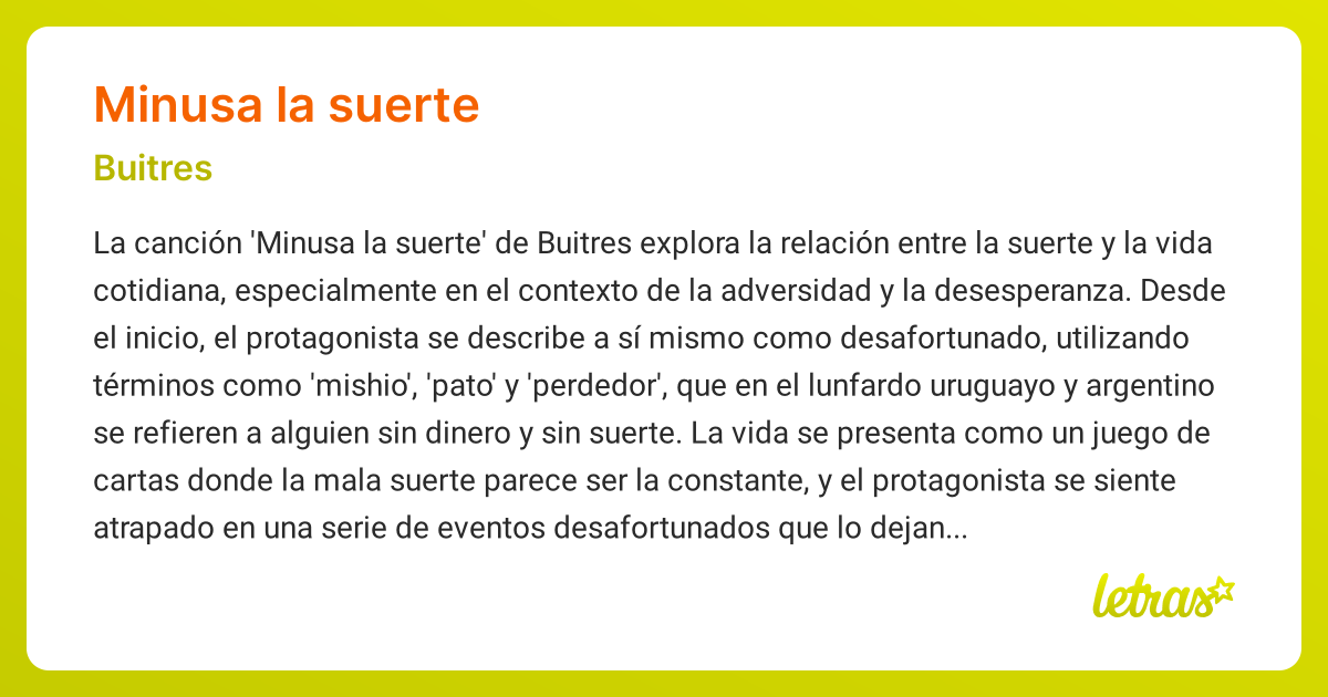 Significado de la canción MINUSA LA SUERTE (Buitres) - LETRAS.COM