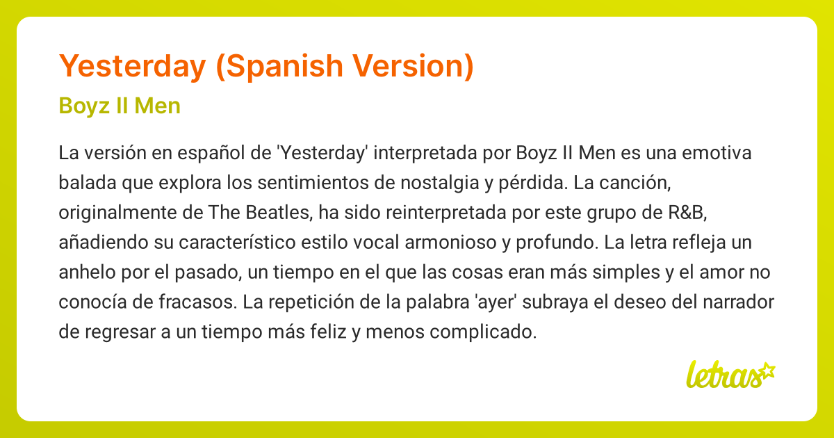 Significado de la canción YESTERDAY (SPANISH VERSION) (Boyz II Men ...