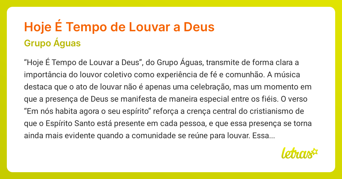 Significado da música HOJE É TEMPO DE LOUVAR A DEUS (Grupo Águas ...