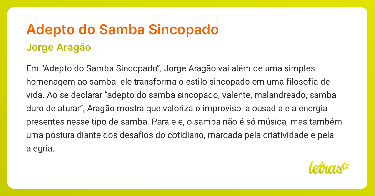 Significado da música ADEPTO DO SAMBA SINCOPADO (Jorge Aragão) - LETRAS ...