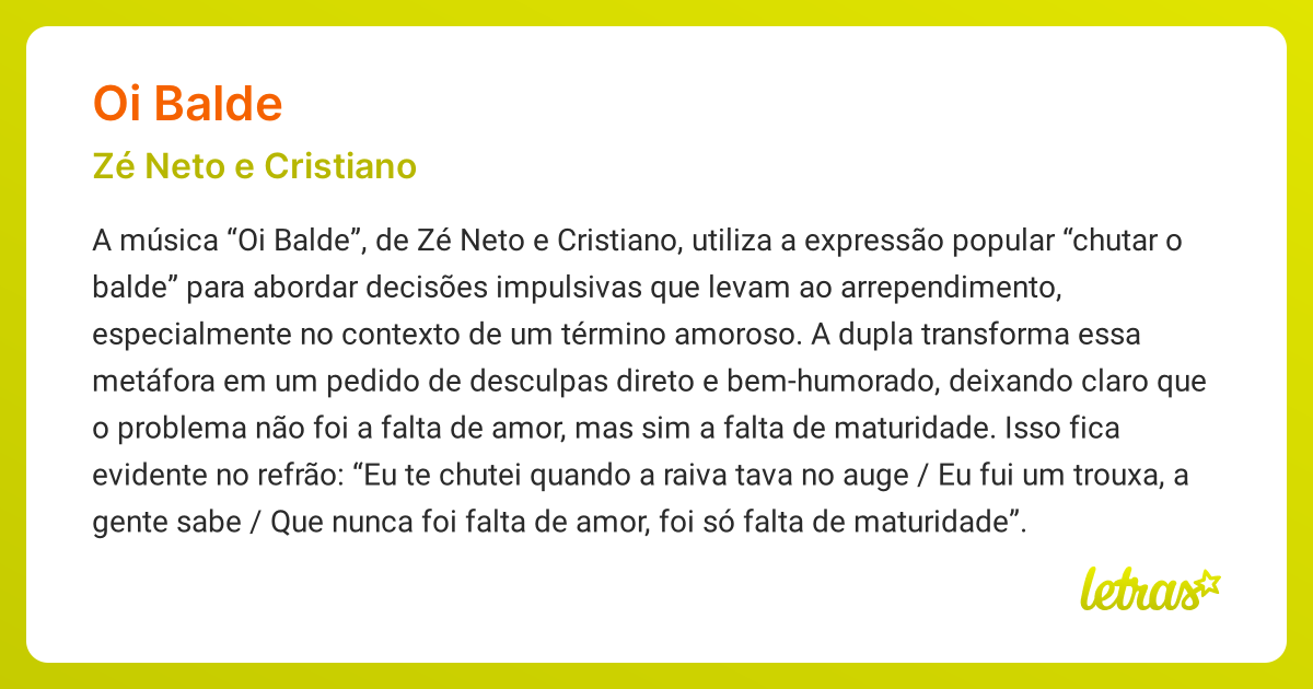 Significado da música OI BALDE (Zé Neto e Cristiano) - LETRAS.MUS.BR