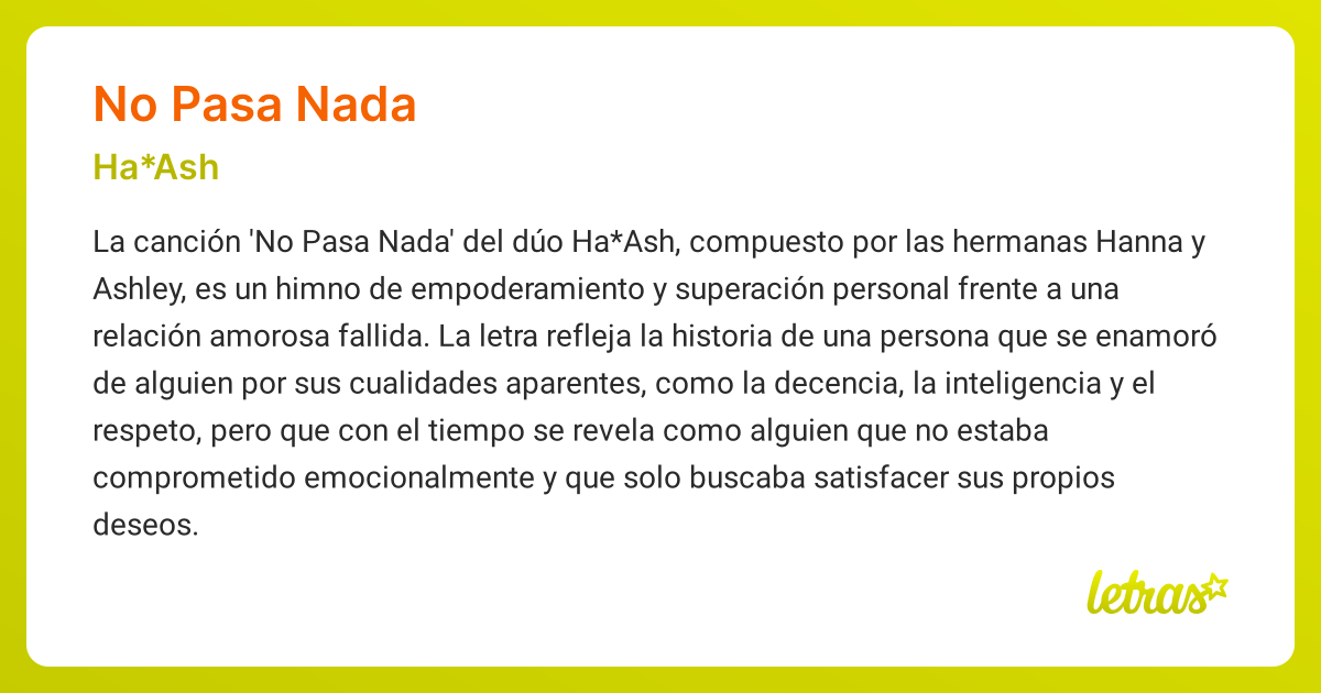 Significado de la canción NO PASA NADA (Ha*Ash) - LETRAS.COM