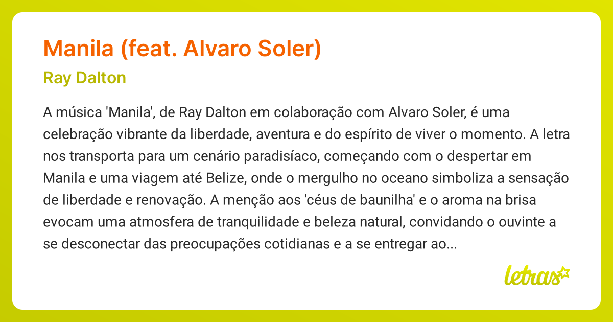 Significado da música MANILA (FEAT. ALVARO SOLER) (Ray Dalton) - LETRAS ...