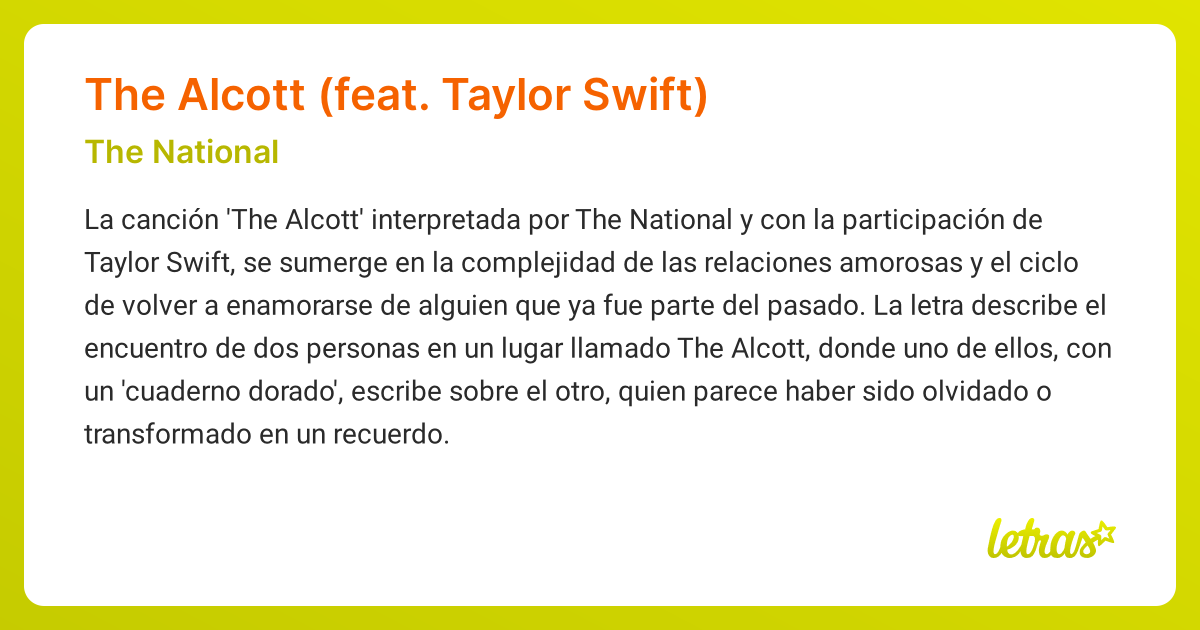 Significado de la canción The Alcott (feat. Taylor Swift) (The National ...