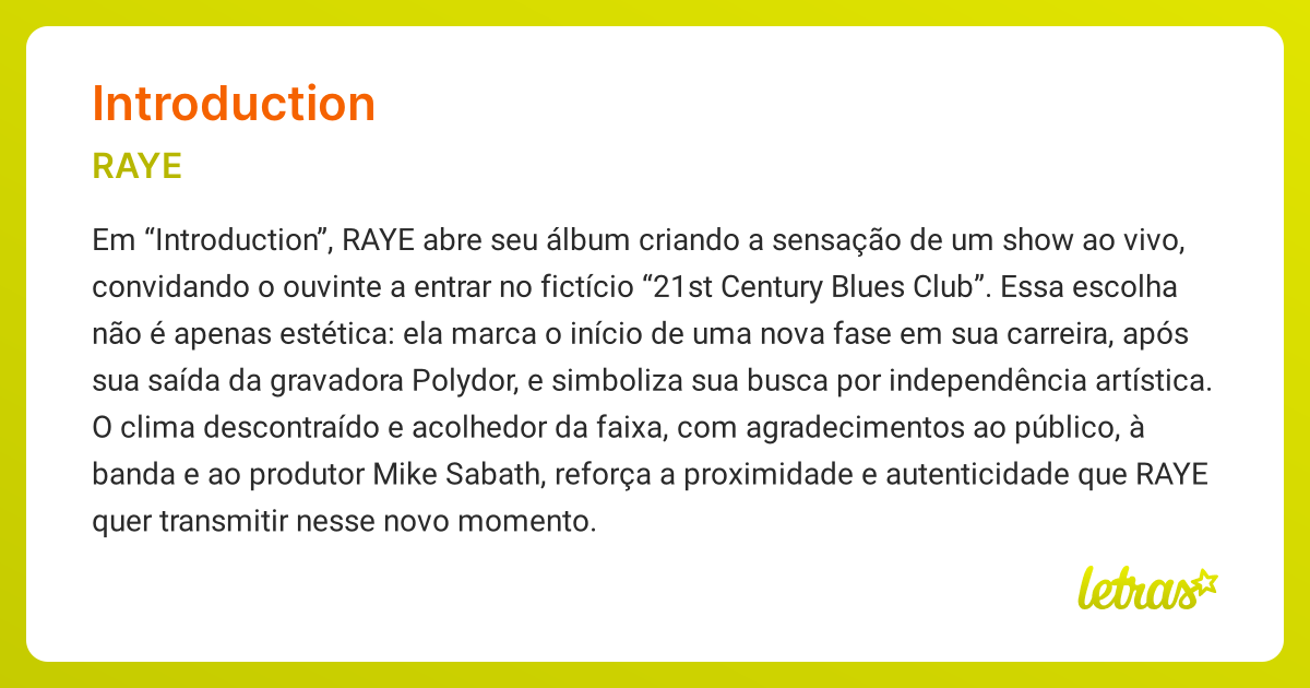 Significado da música INTRODUCTION (RAYE) - LETRAS.MUS.BR