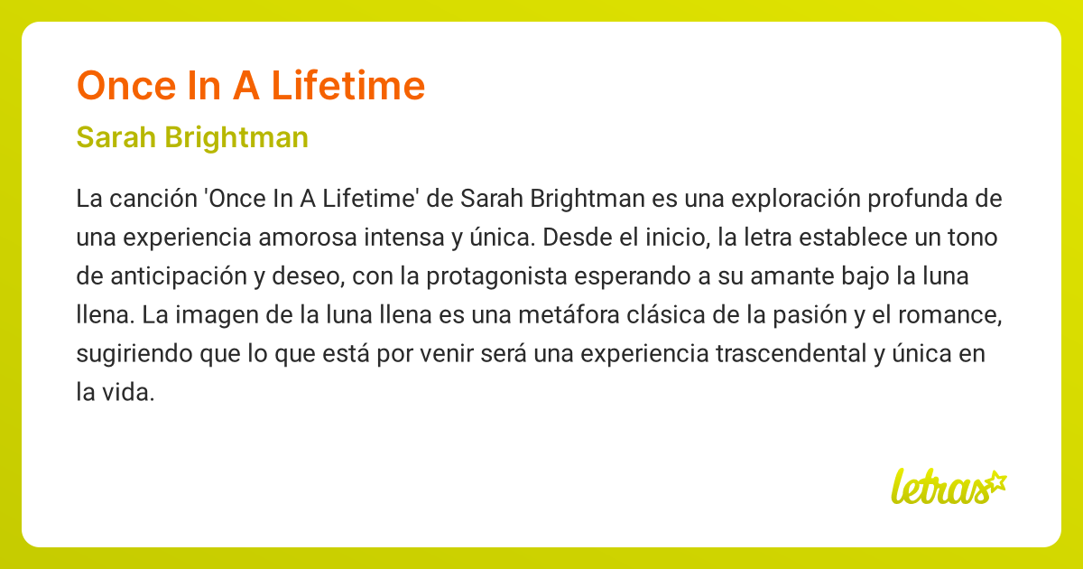 Significado de la canción ONCE IN A LIFETIME (Sarah Brightman) - LETRAS.COM