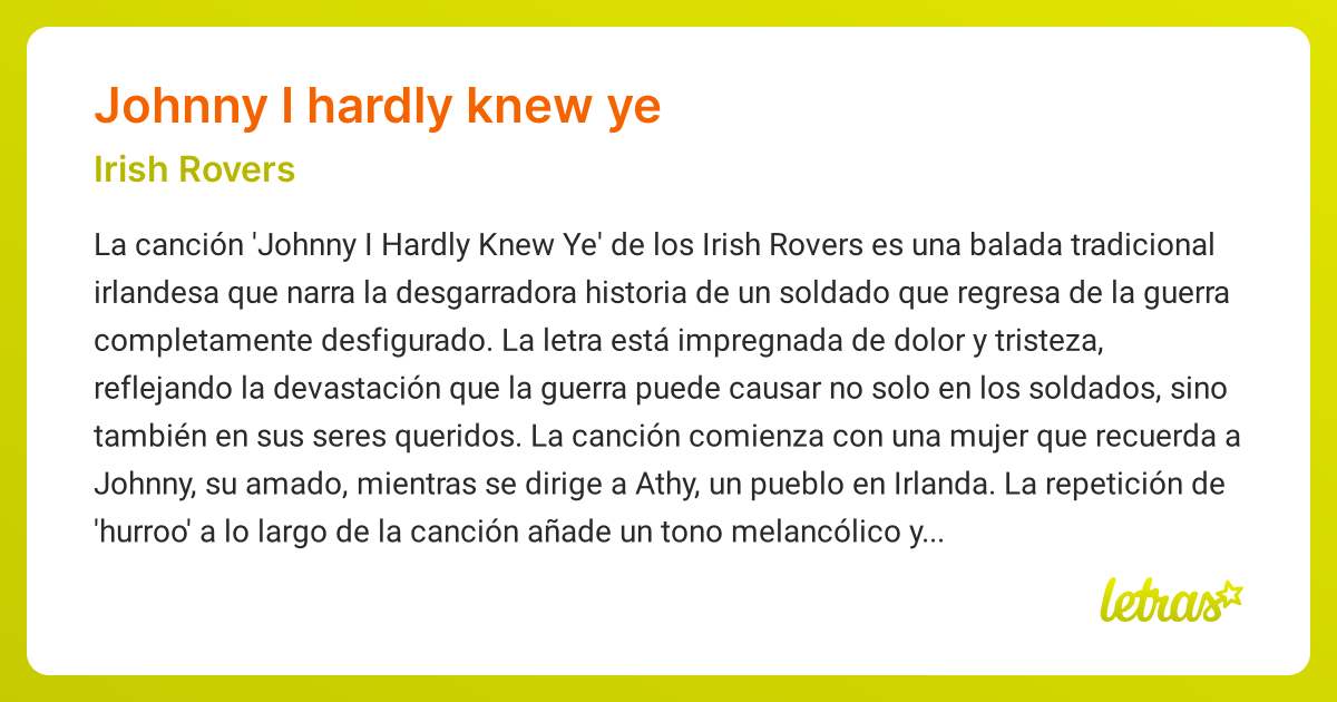 Significado de la canción JOHNNY I HARDLY KNEW YE (Irish Rovers ...