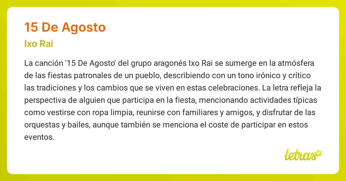 Significado de la canción 15 DE AGOSTO (Ixo Rai) - LETRAS.COM