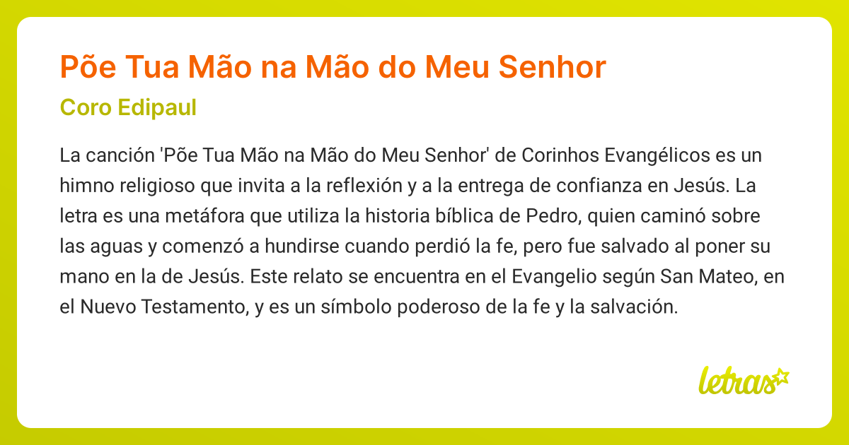 Significado de la canción Põe Tua Mão na Mão do Meu Senhor (Coro ...