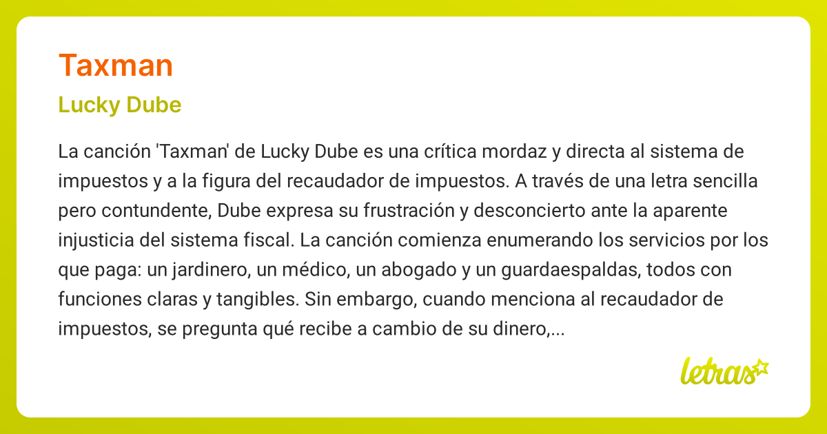 Significado de la canción TAXMAN (Lucky Dube) - LETRAS.COM