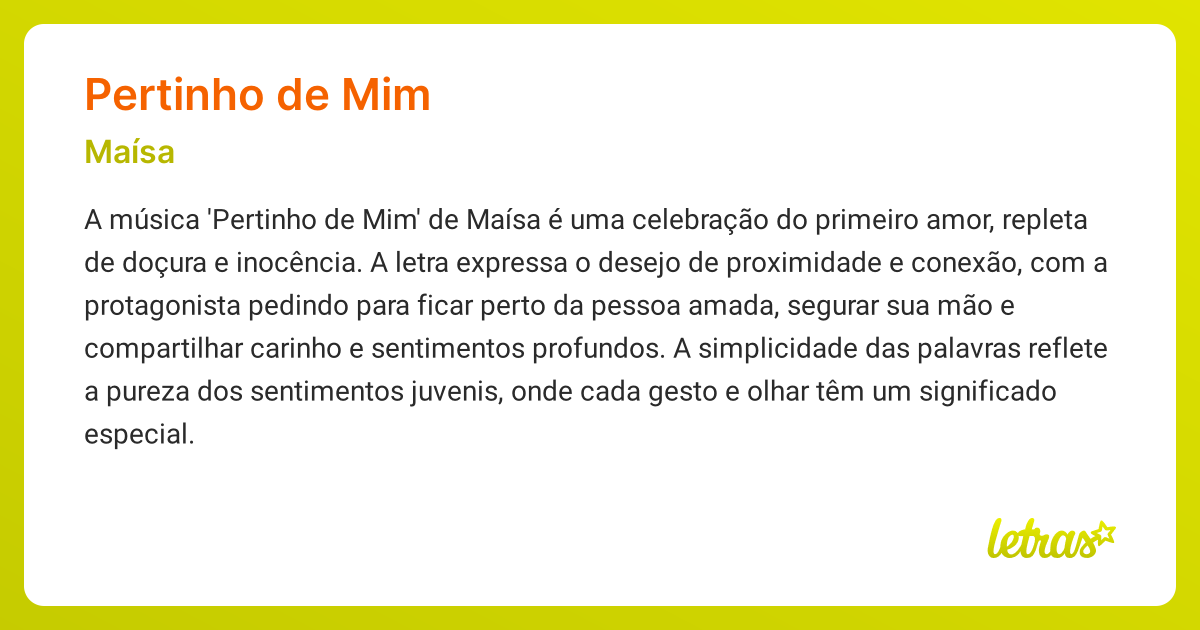 Significado da música PERTINHO DE MIM (Maísa) - LETRAS.MUS.BR