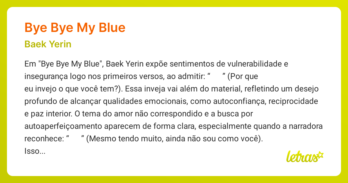 Significado da música BYE BYE MY BLUE (Baek Yerin) - LETRAS.MUS.BR