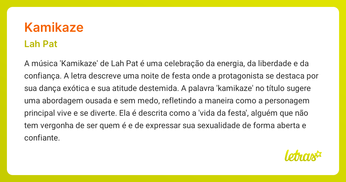 Significado da música KAMIKAZE (Lah Pat) - LETRAS.MUS.BR