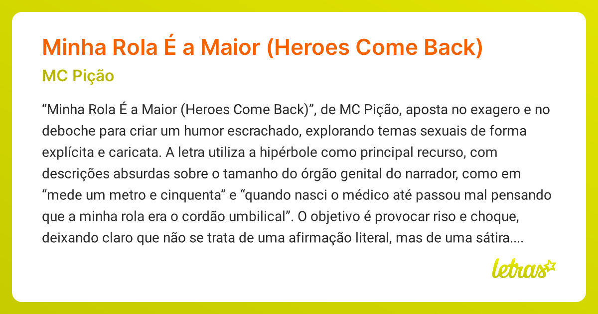 Significado da música Minha Rola É a Maior (Heroes Come Back) (MC Pição ...