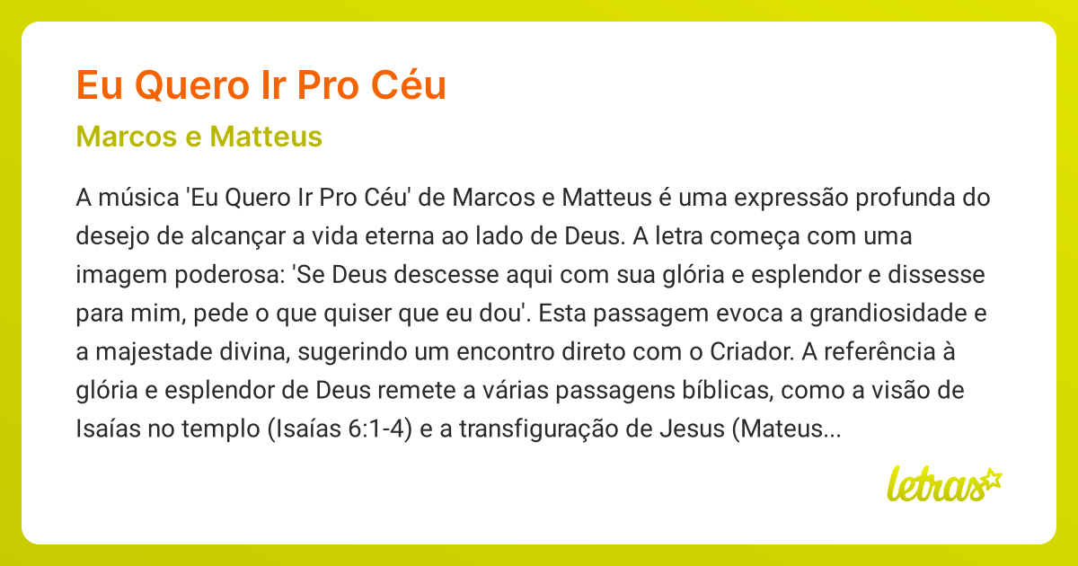 Significado da música EU QUERO IR PRO CÉU (Marcos e Matteus) - LETRAS ...