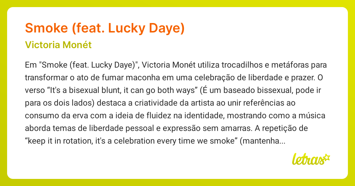 Significado da música SMOKE (FEAT. LUCKY DAYE) (Victoria Monét ...